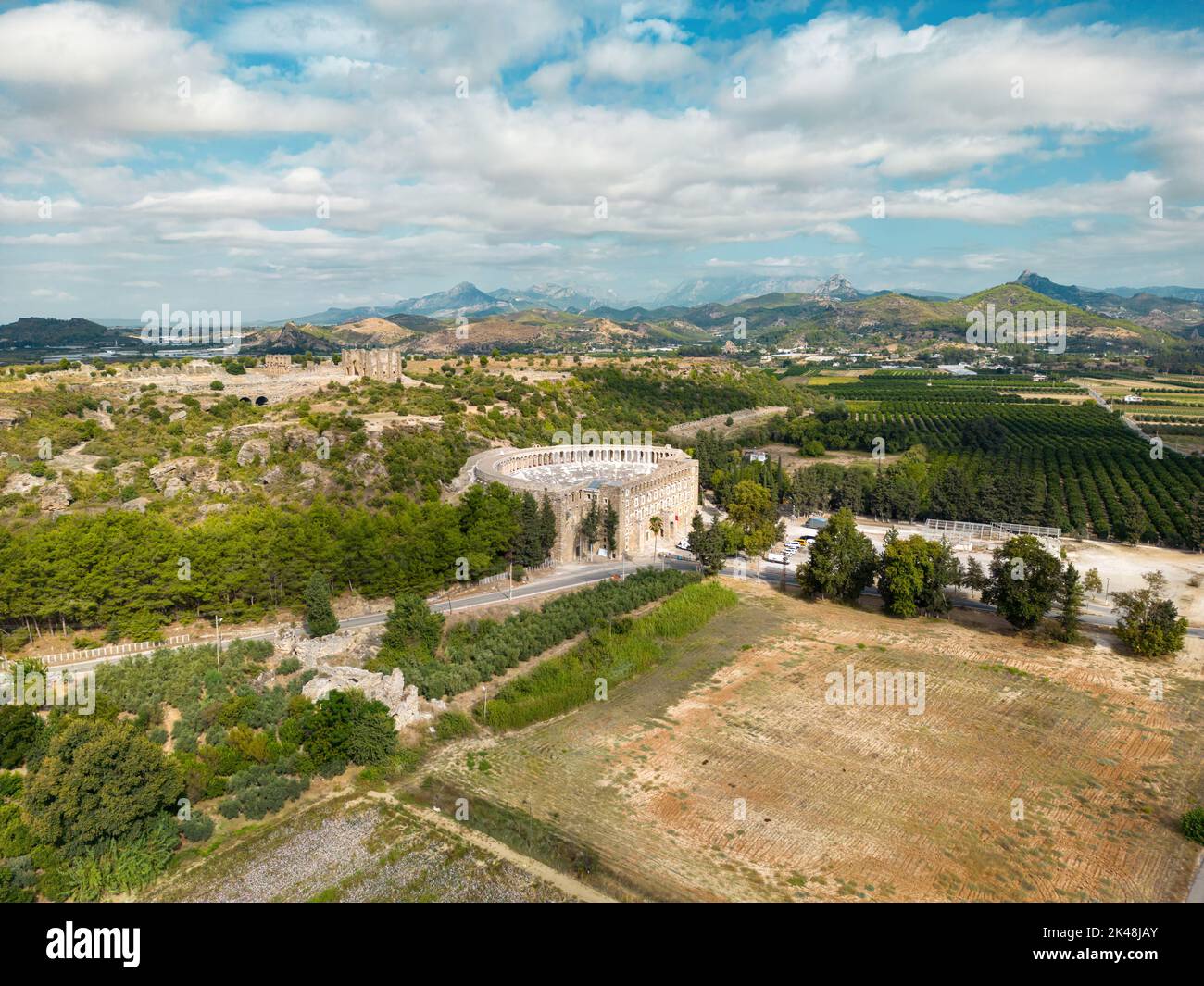 Aerial view of Roman amphitheater of Aspendos, Belkiz - Antalya, Turkey ...