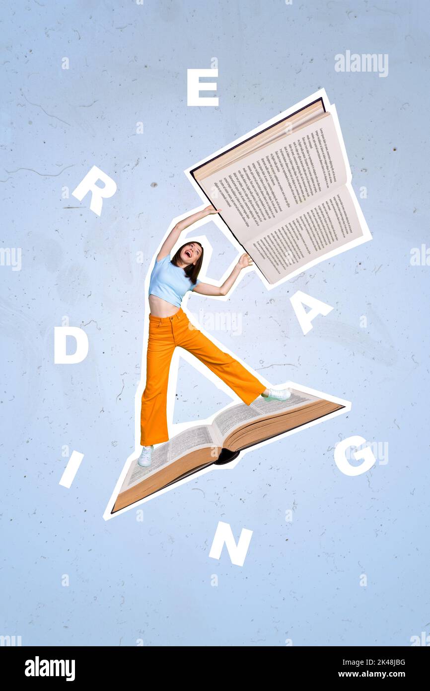 Vertical collage image of excited girl stand hold huge opened book ...
