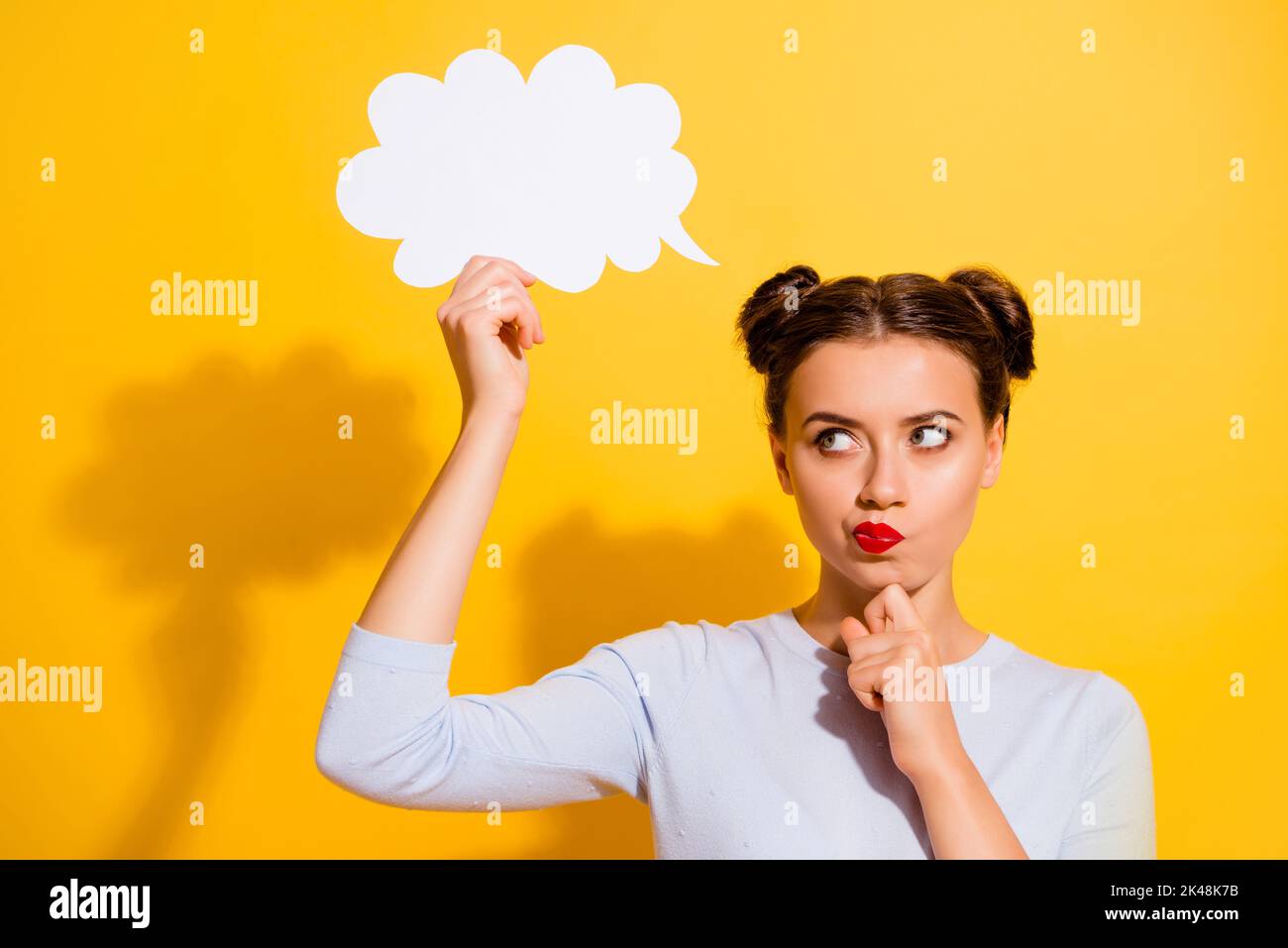 Photo of suspicious unsure lady wear long sleeve looking mind cloud ...