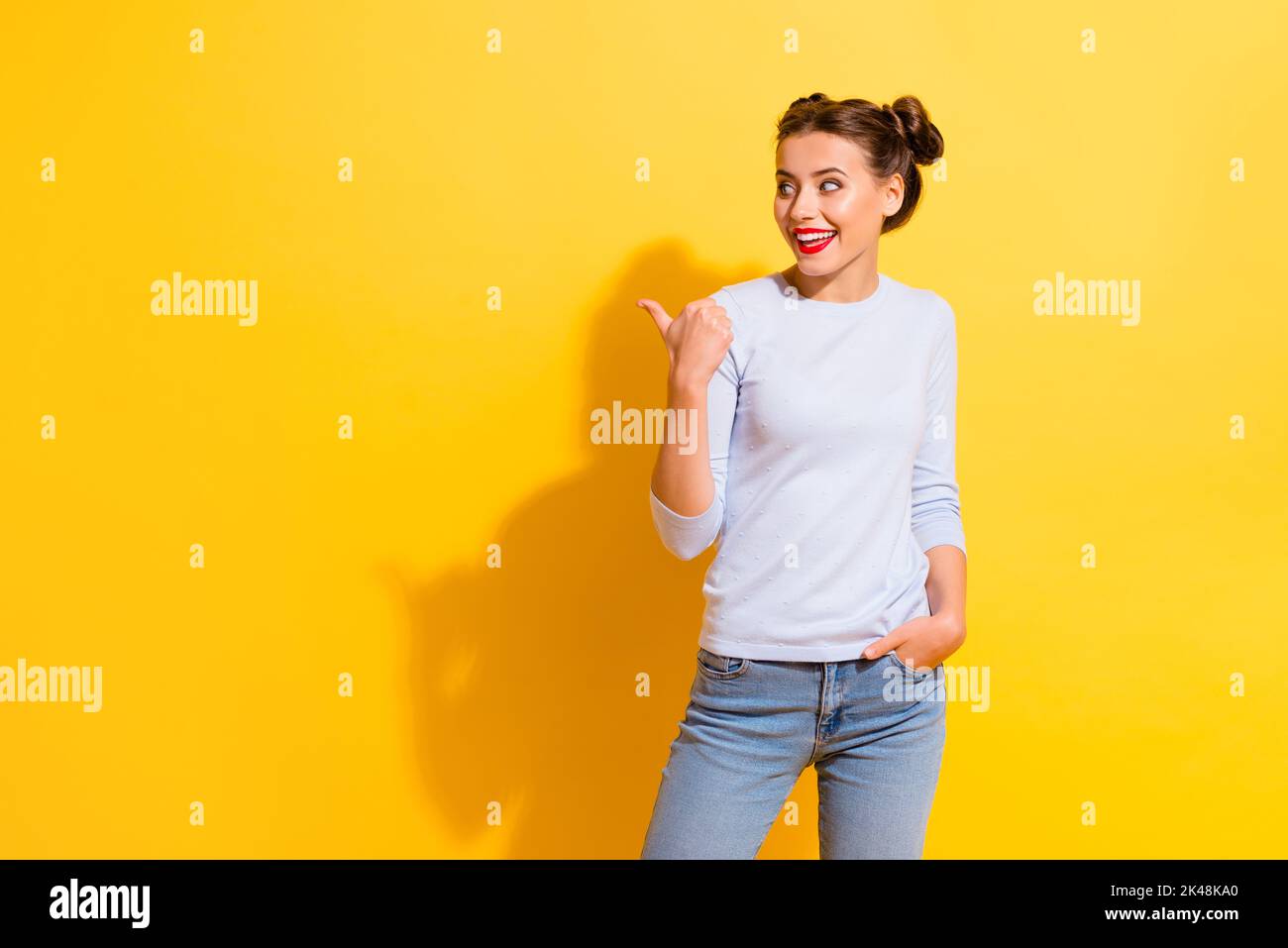 Photo of positive shocked lady find incredible promo point empty space ...