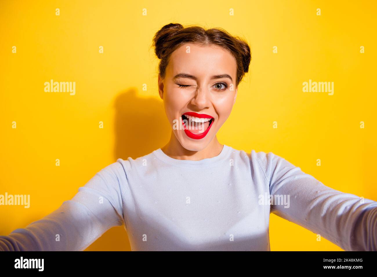 Photo Of Cute Flirty Girl Dressed White Shirt Tacking Selfie Winking