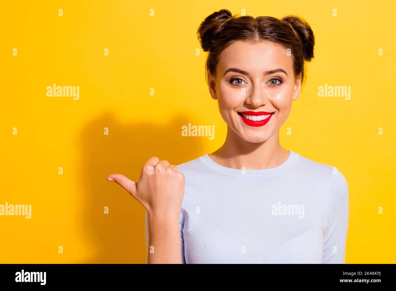 Portrait of positive cheerful lady point empty space indicate offer ...