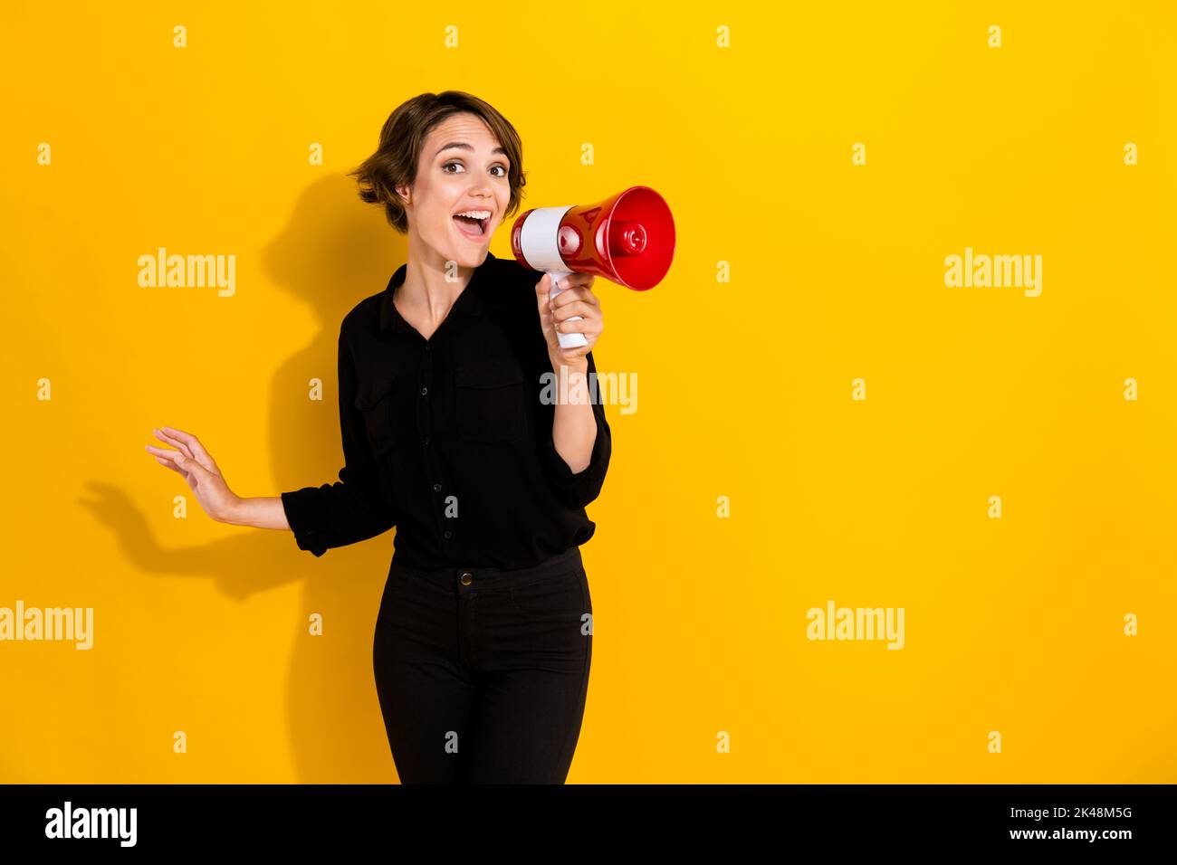 Photo of impressed cheerful girl dressed formal shirt screaming loud ...