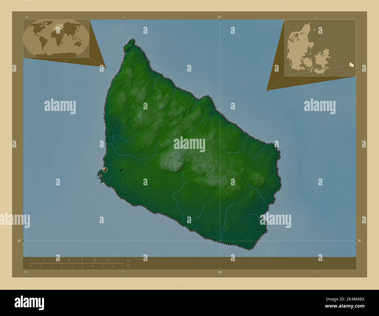 Bornholm, island of Denmark. Colored elevation map with lakes and rivers. Corner auxiliary ...