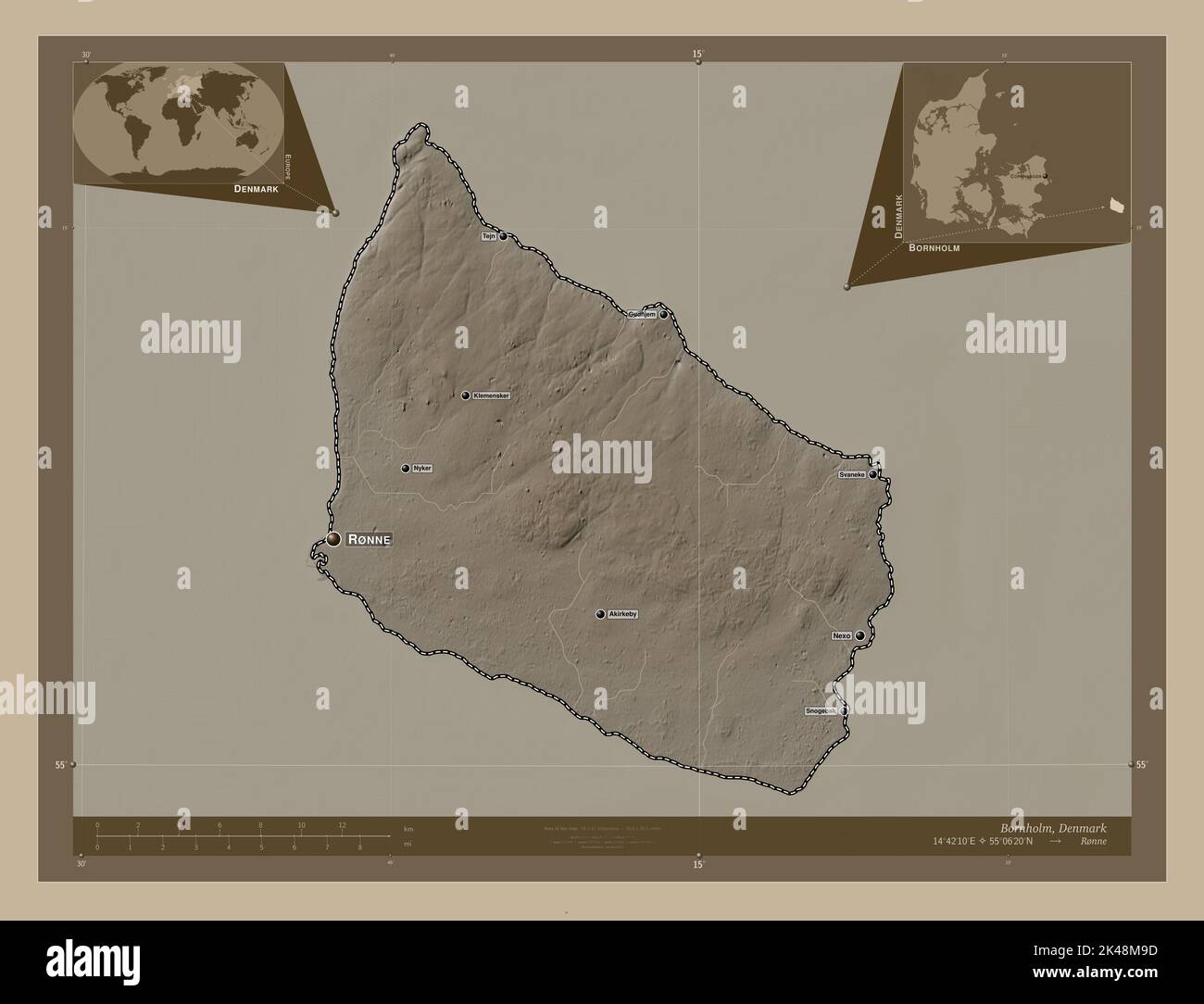 Bornholm, island of Denmark. Elevation map colored in sepia tones with lakes and rivers ...