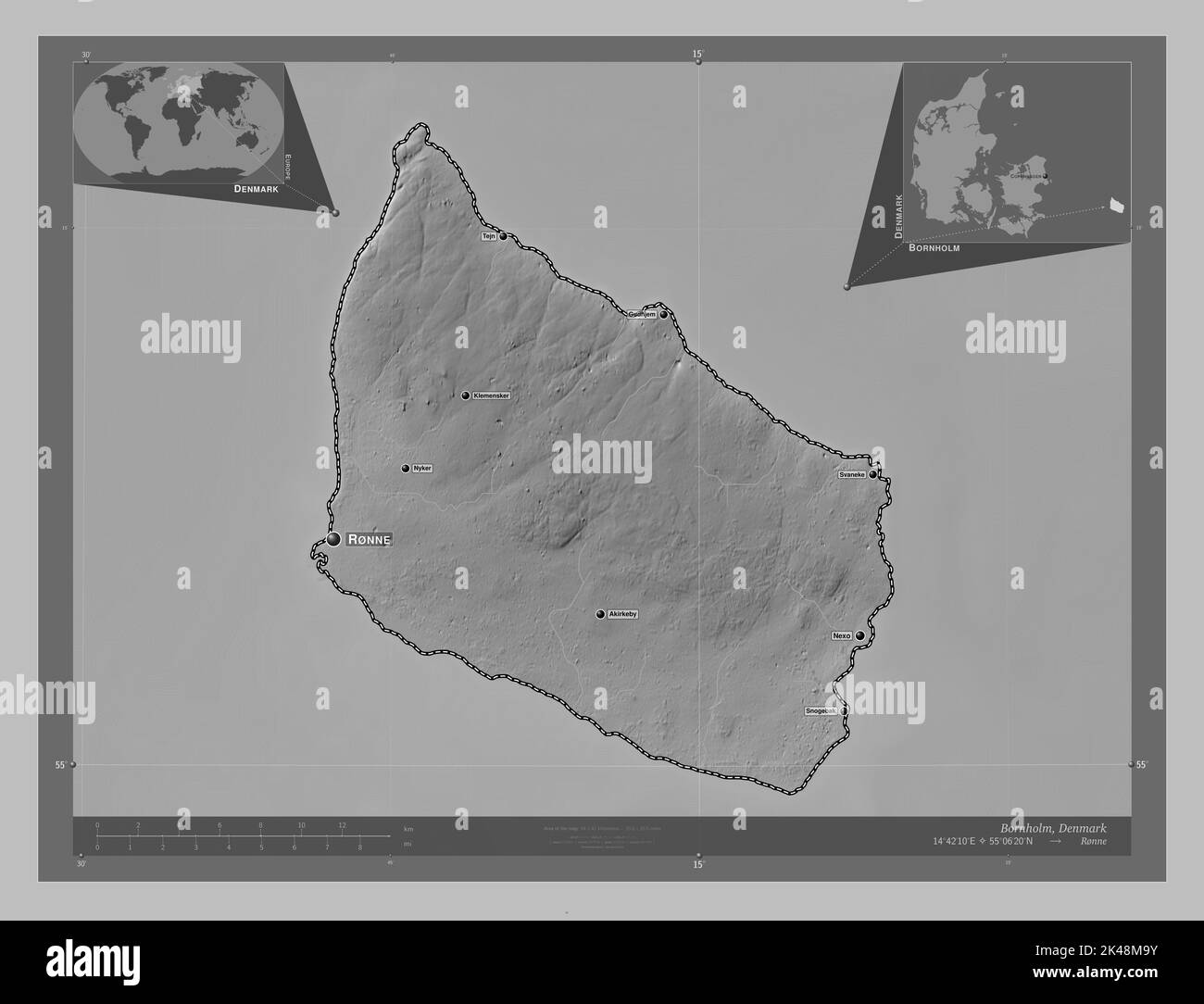 Bornholm, island of Denmark. Grayscale elevation map with lakes and rivers. Locations and names ...