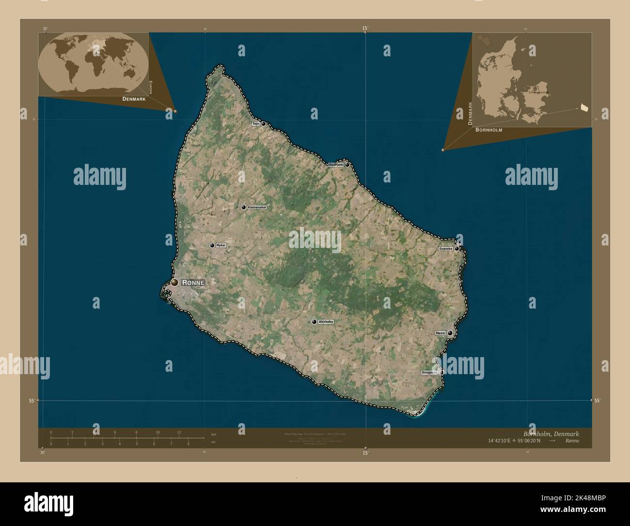 Bornholm, island of Denmark. Low resolution satellite map. Locations and names of major cities ...