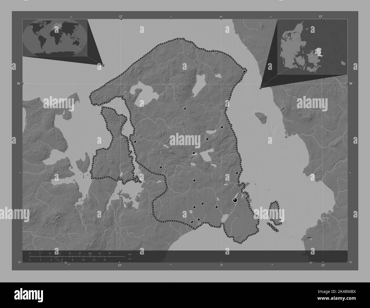 Hovedstaden, region of Denmark. Bilevel elevation map with lakes and ...