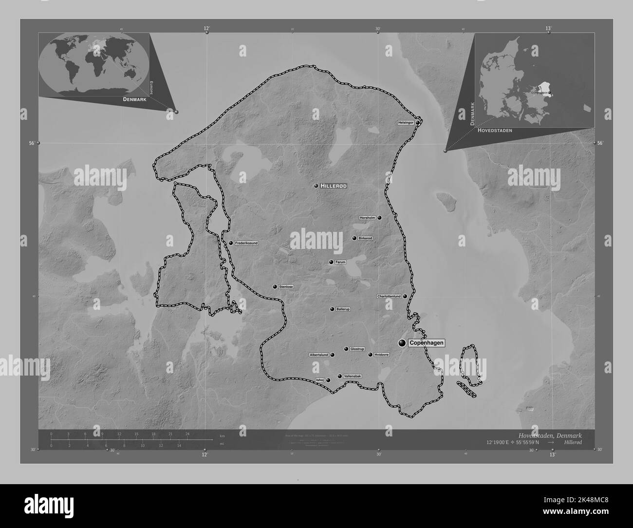 Hovedstaden, region of Denmark. Grayscale elevation map with lakes and ...