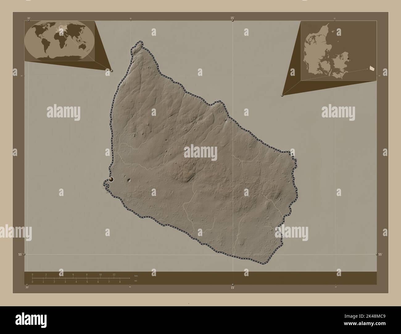 Bornholm, island of Denmark. Elevation map colored in sepia tones with ...