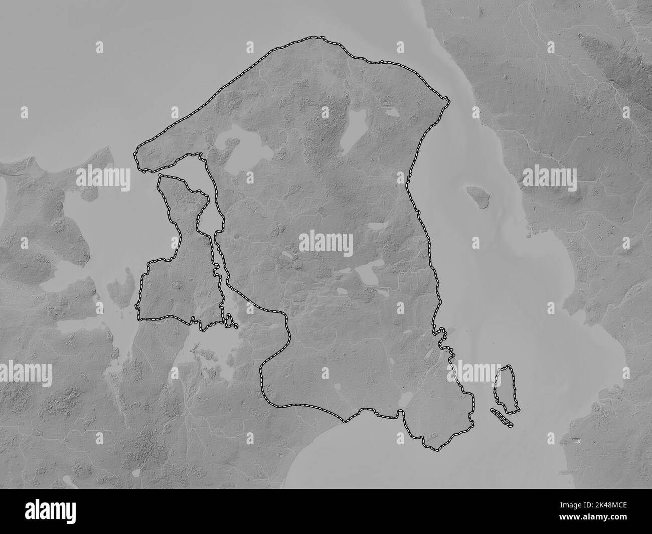 Hovedstaden, region of Denmark. Grayscale elevation map with lakes and rivers Stock Photo - Alamy