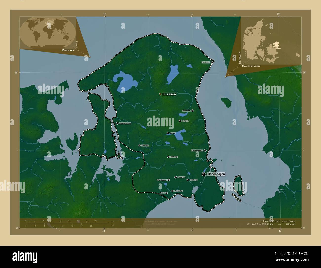 Hovedstaden, region of Denmark. Colored elevation map with lakes and rivers. Locations and names ...