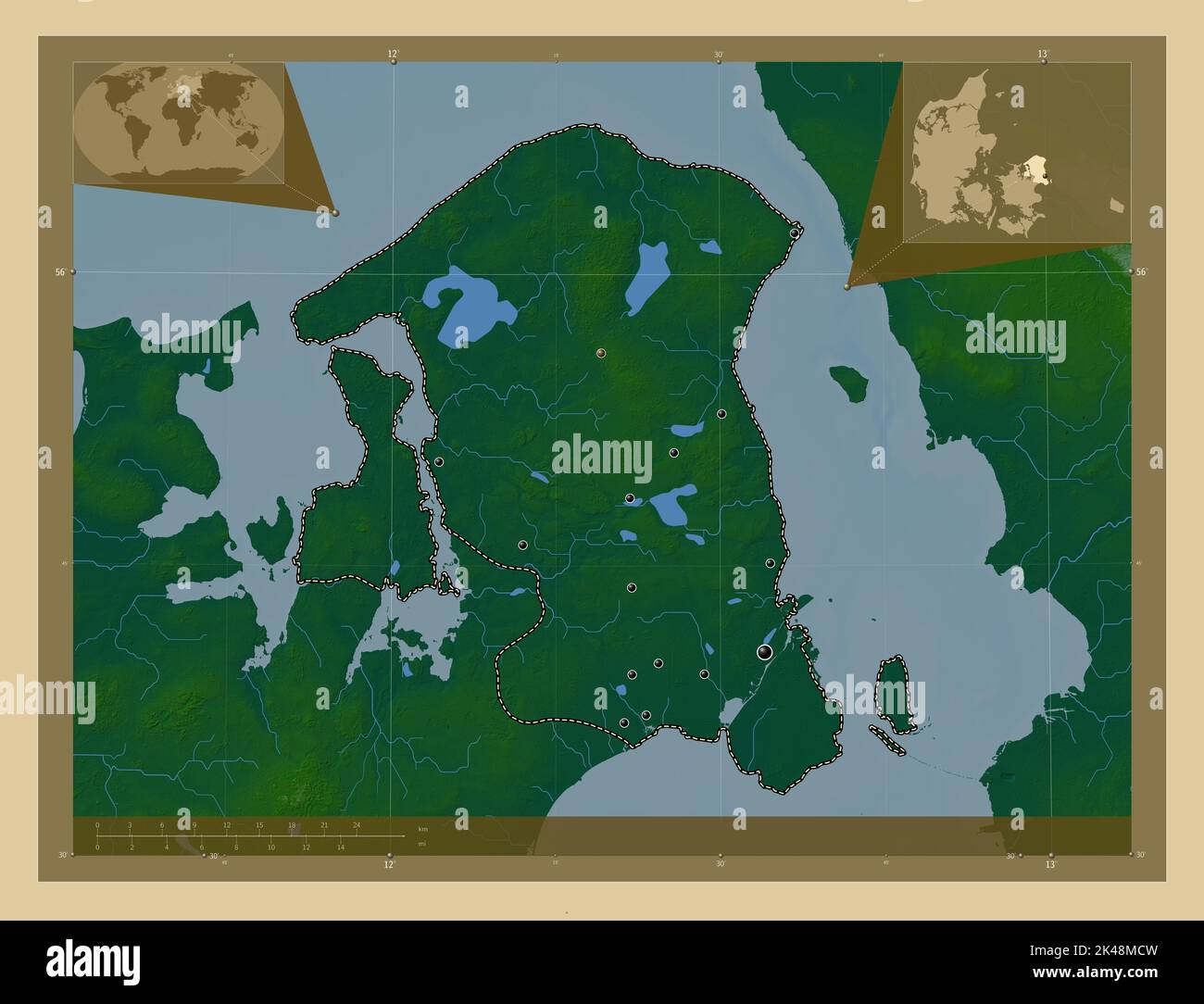 Hovedstaden, region of Denmark. Colored elevation map with lakes and ...