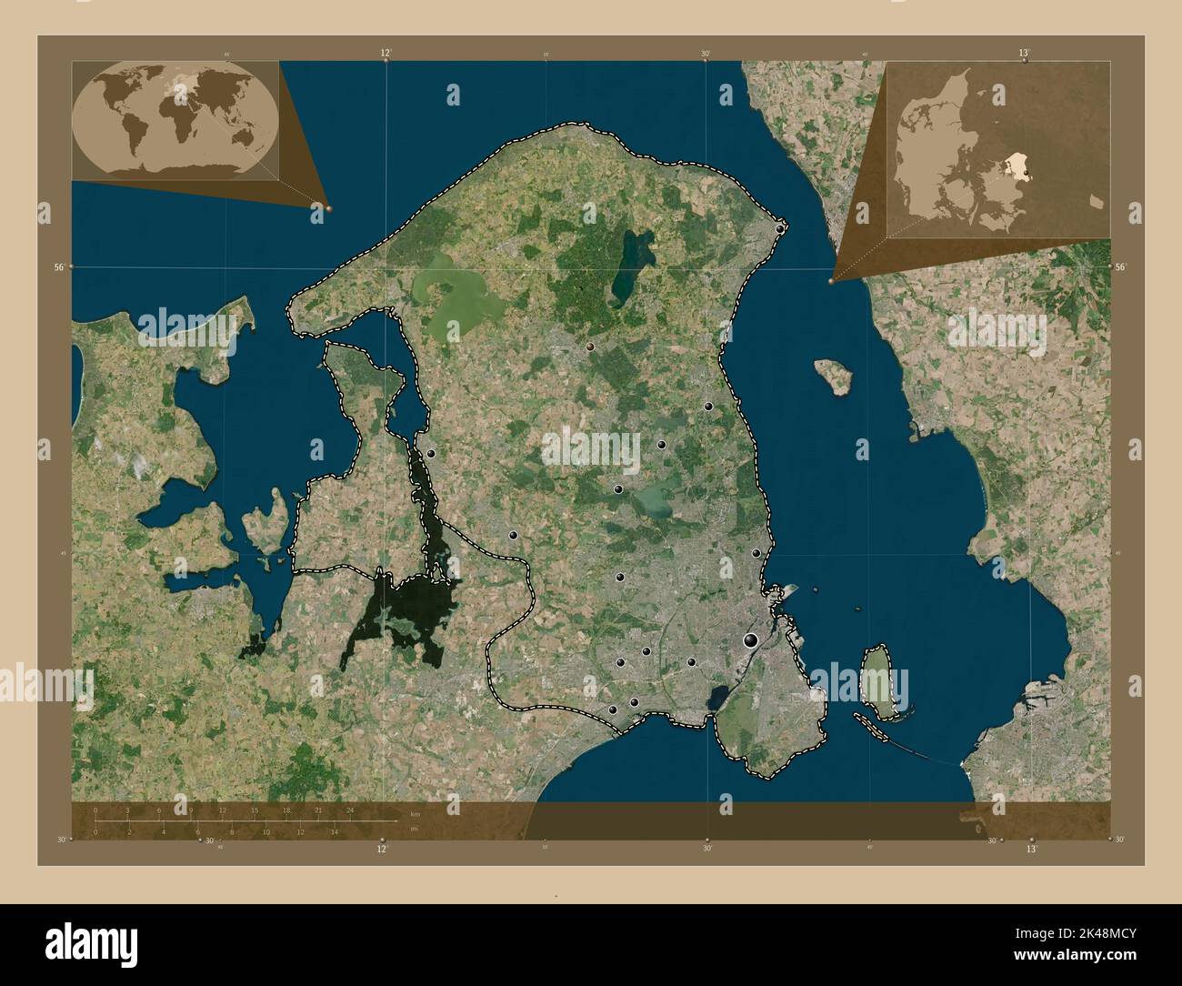 Hovedstaden, region of Denmark. Low resolution satellite map. Locations ...