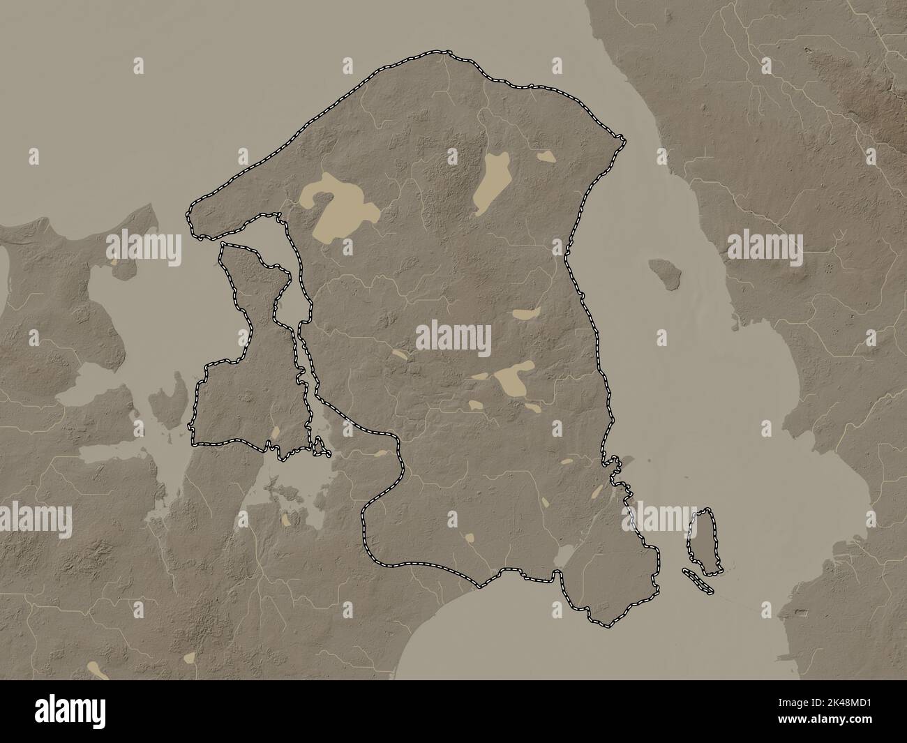 Hovedstaden, region of Denmark. Elevation map colored in sepia tones with lakes and rivers Stock ...