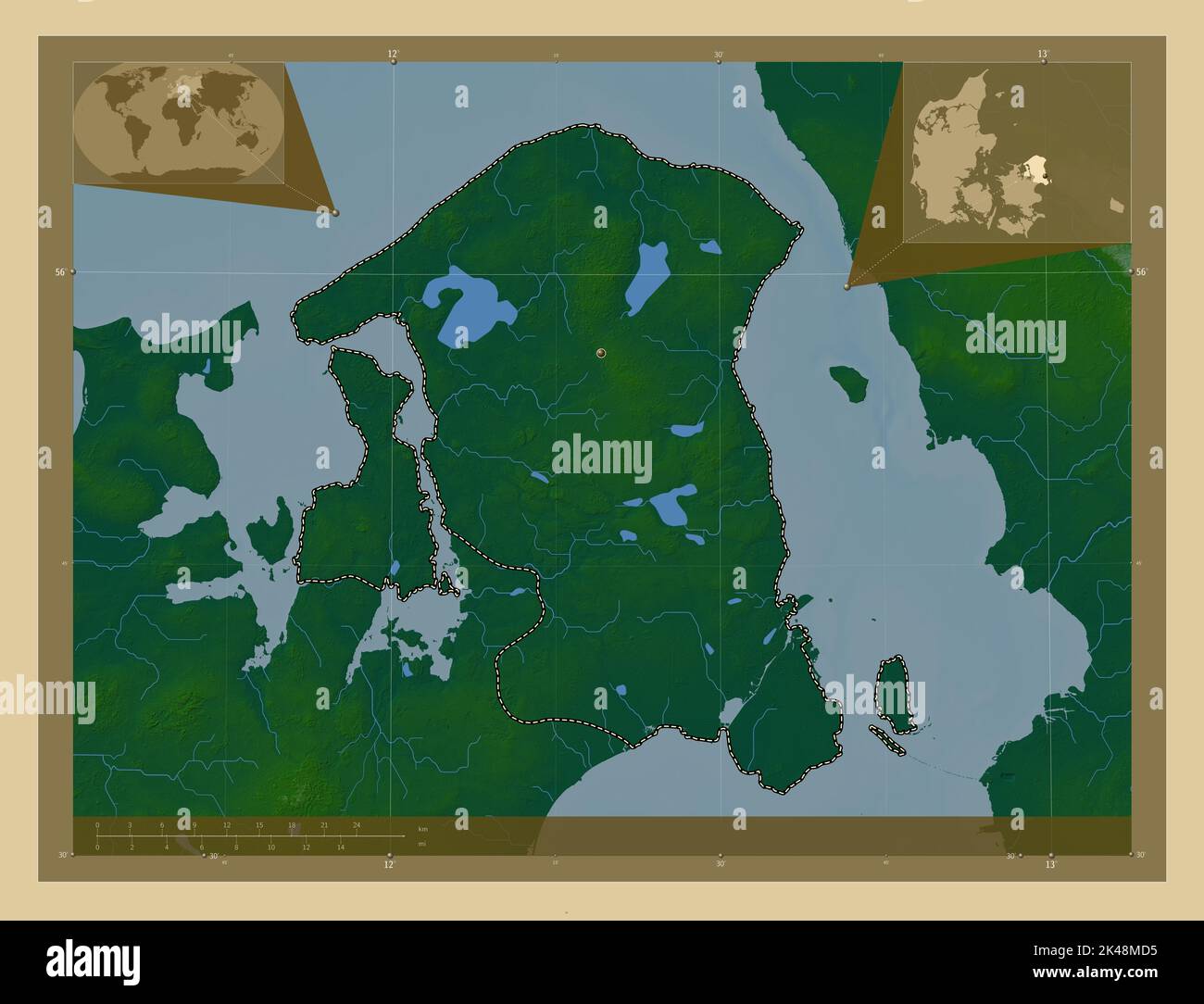 Hovedstaden, region of Denmark. Colored elevation map with lakes and ...