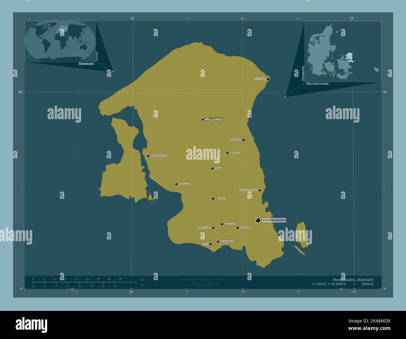 Hovedstaden, region of Denmark. Solid color shape. Locations and names ...
