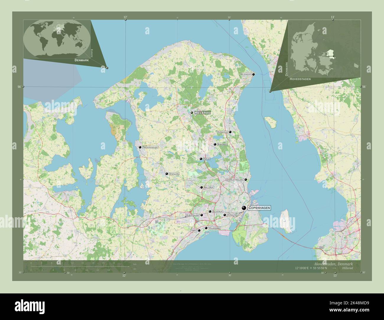 Hovedstaden, region of Denmark. Open Street Map. Locations and names of ...