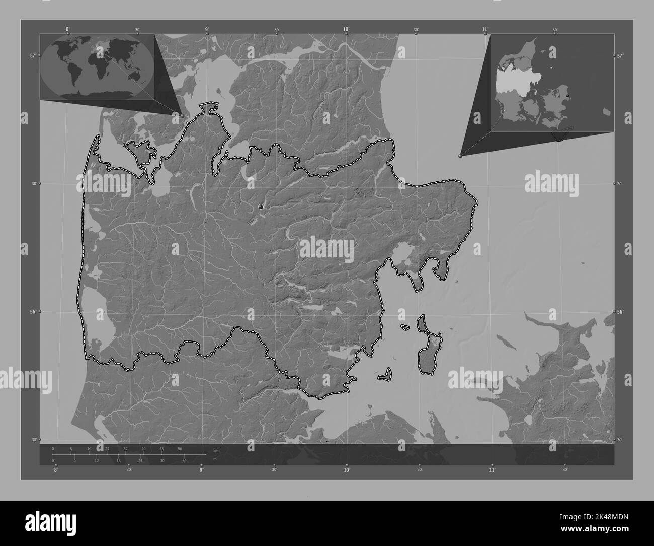 Midtjylland, region of Denmark. Bilevel elevation map with lakes and ...