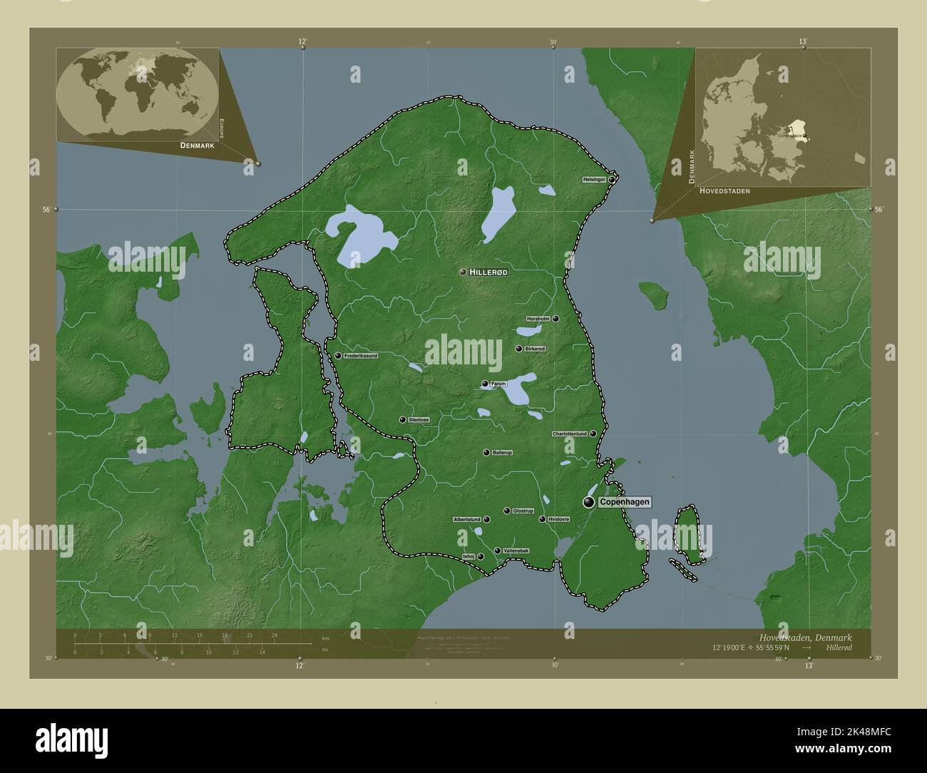 Hovedstaden, region of Denmark. Elevation map colored in wiki style ...