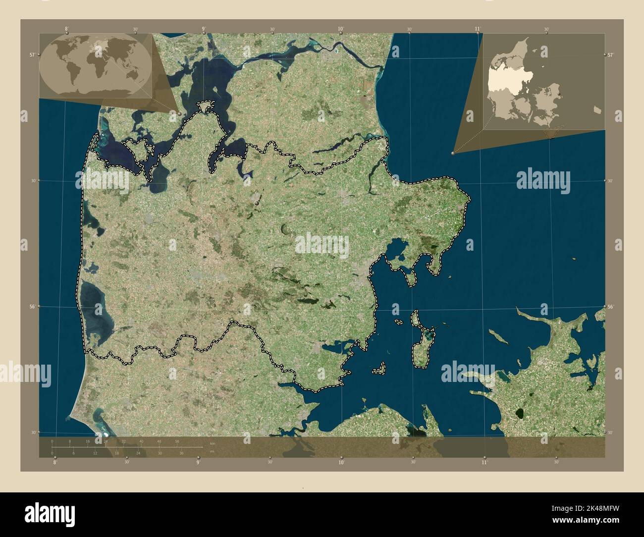 Midtjylland, region of Denmark. High resolution satellite map. Corner auxiliary location maps ...