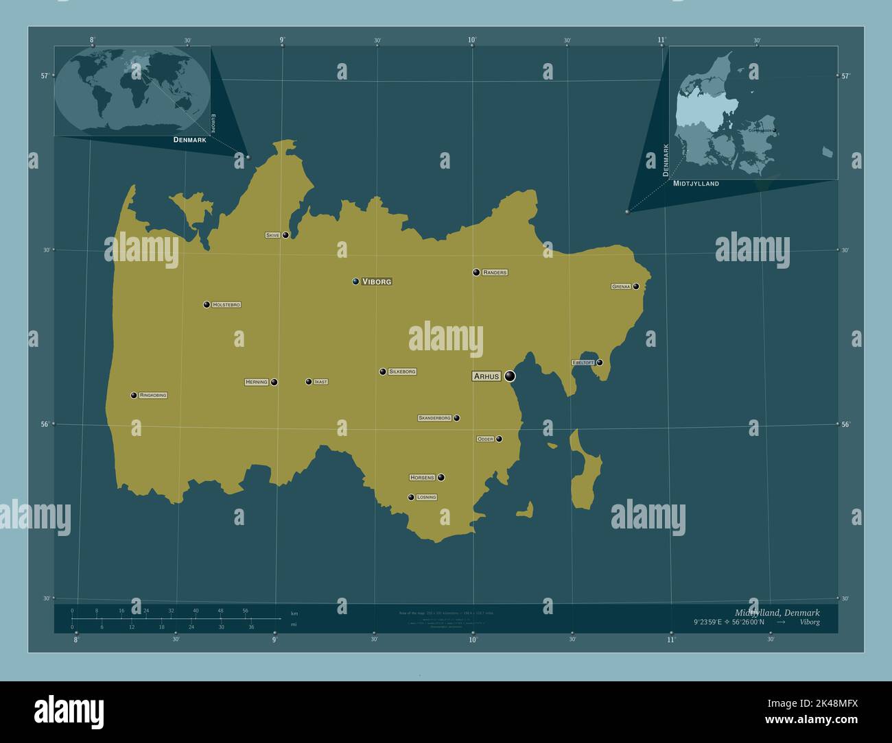 Midtjylland, region of Denmark. Solid color shape. Locations and names ...