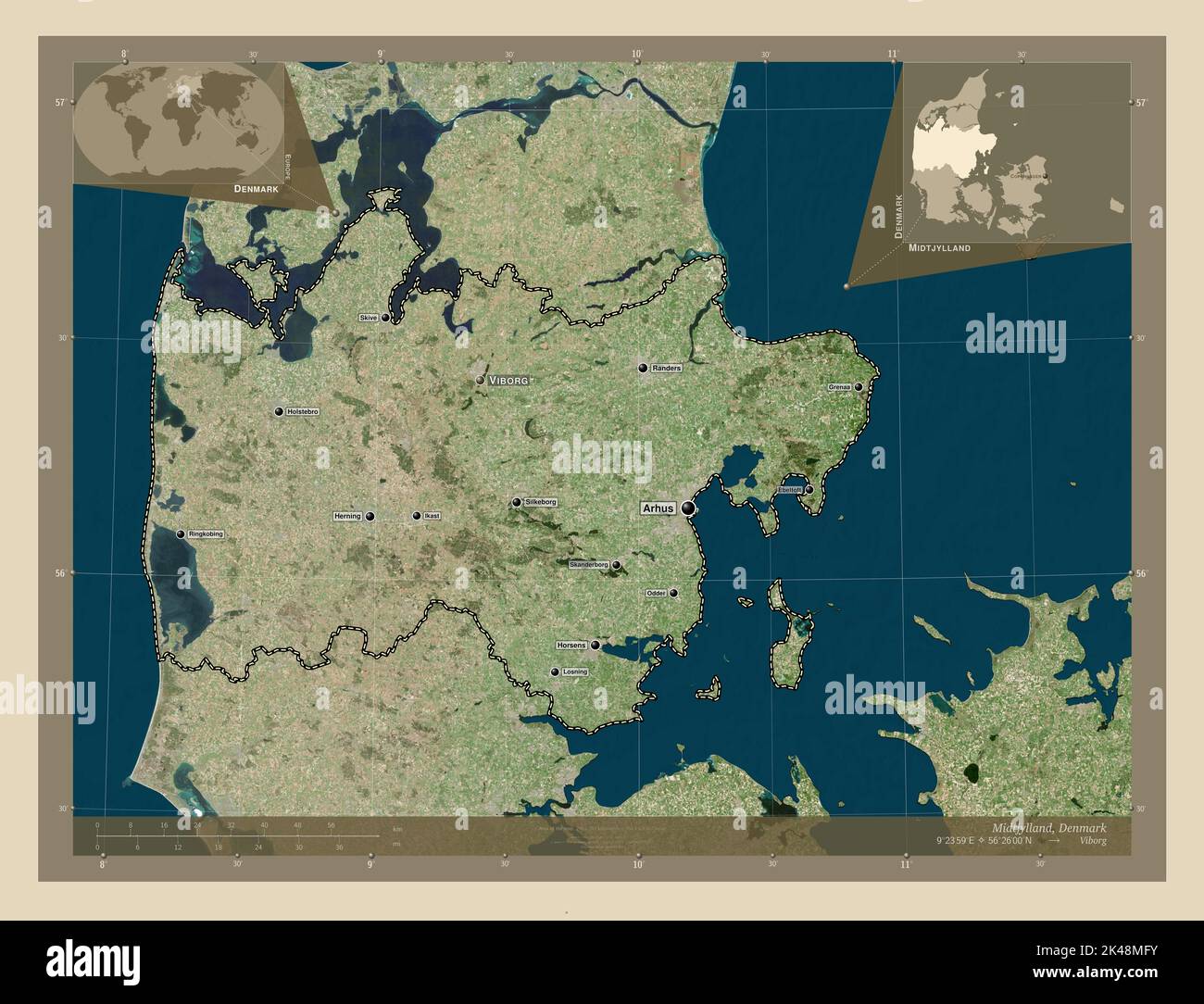 Midtjylland, region of Denmark. High resolution satellite map. Locations and names of major ...