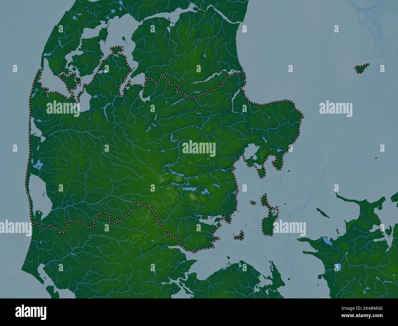 Midtjylland, region of Denmark. Colored elevation map with lakes and ...