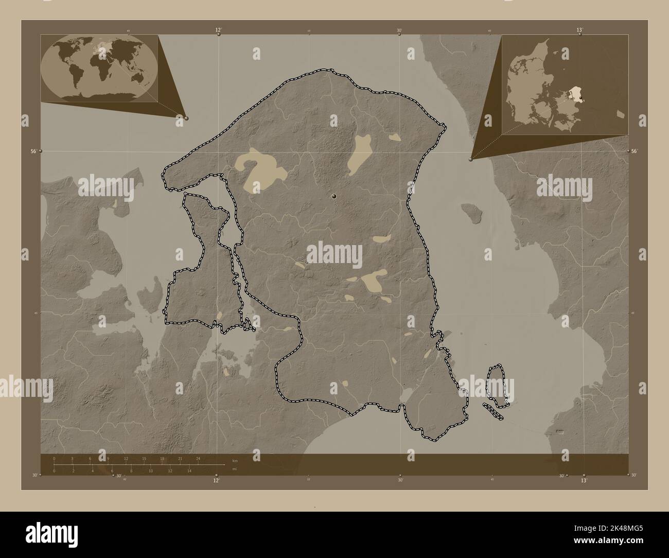 Hovedstaden, region of Denmark. Elevation map colored in sepia tones ...