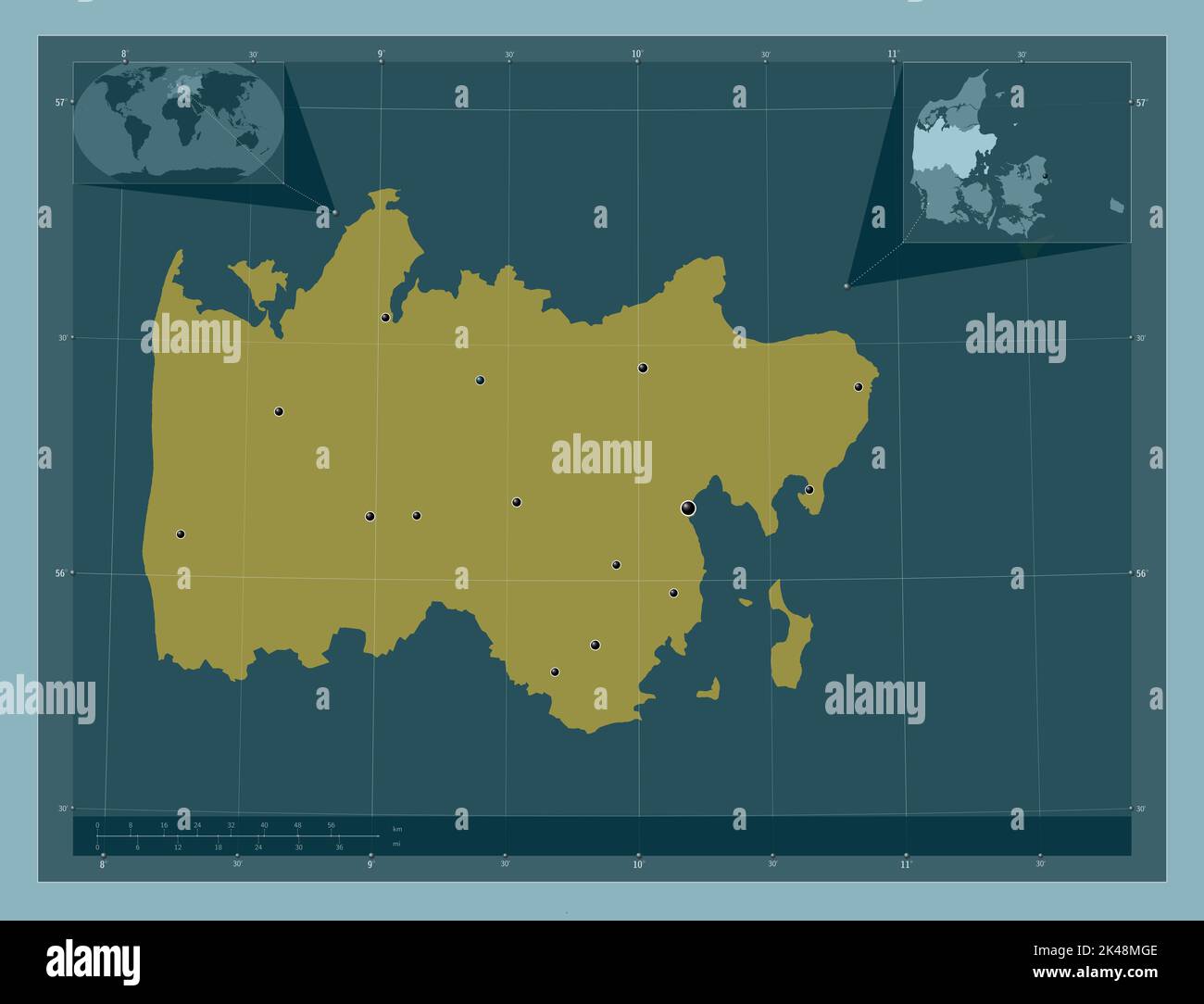 Midtjylland, region of Denmark. Solid color shape. Locations of major ...