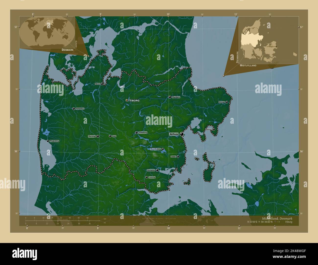 Midtjylland, region of Denmark. Colored elevation map with lakes and rivers. Locations and names ...