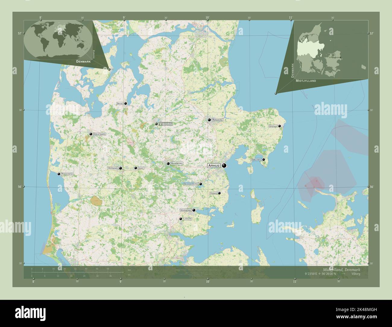Midtjylland, region of Denmark. Open Street Map. Locations and names of ...