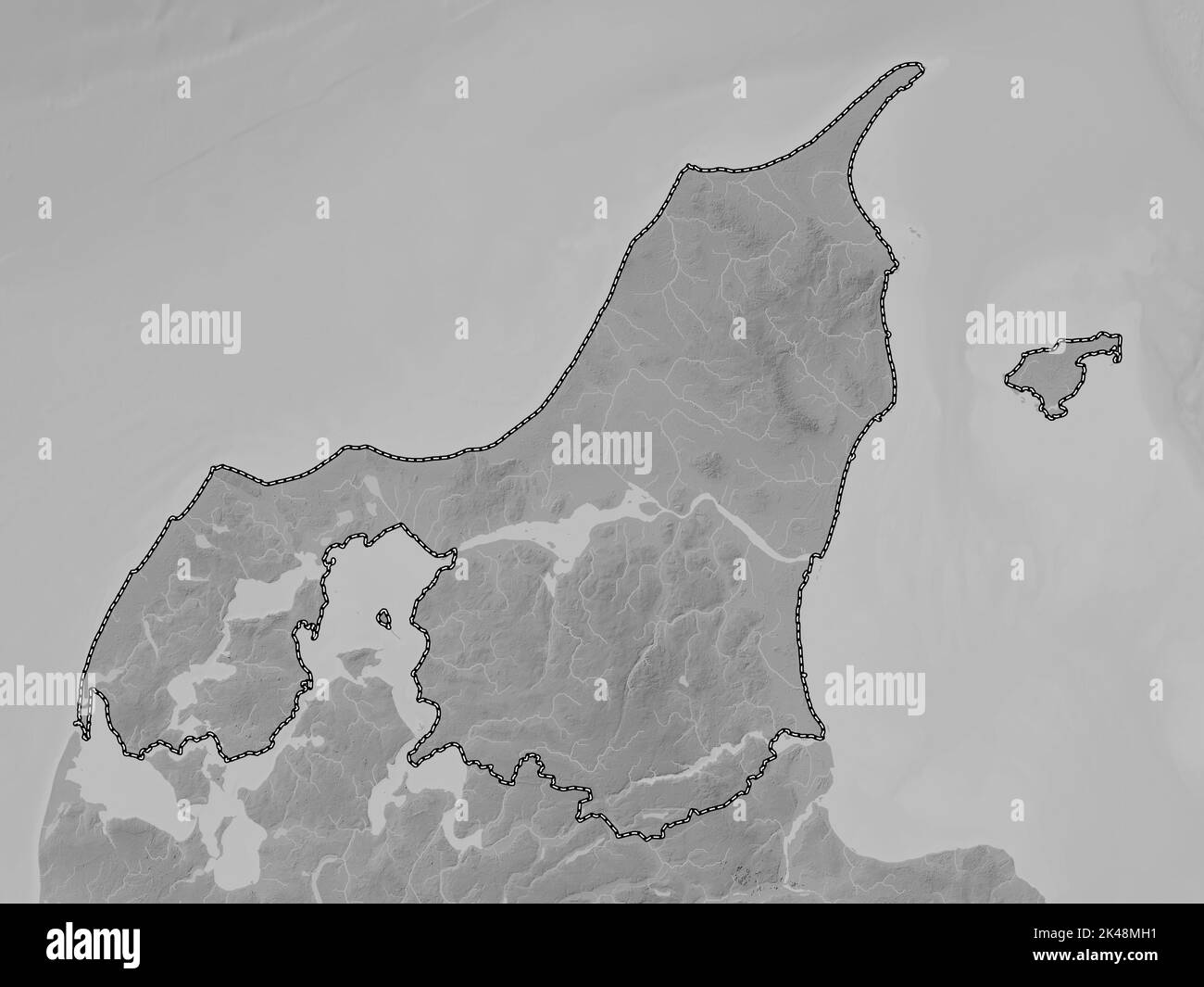 Nordjylland, region of Denmark. Grayscale elevation map with lakes and rivers Stock Photo - Alamy
