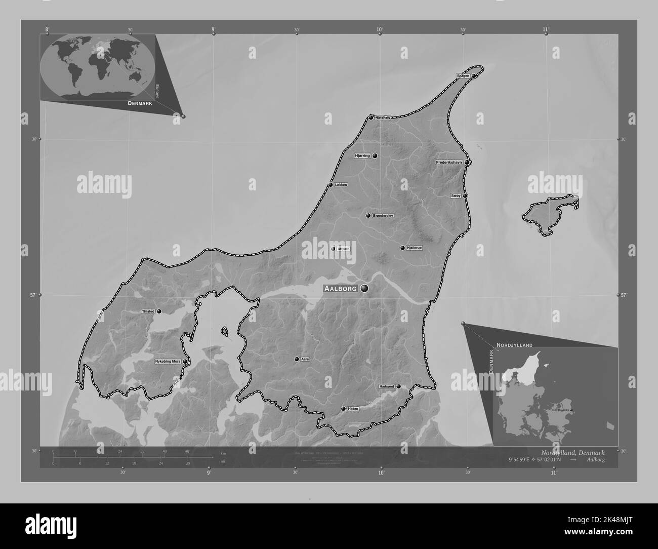 Nordjylland, region of Denmark. Grayscale elevation map with lakes and rivers. Locations and ...