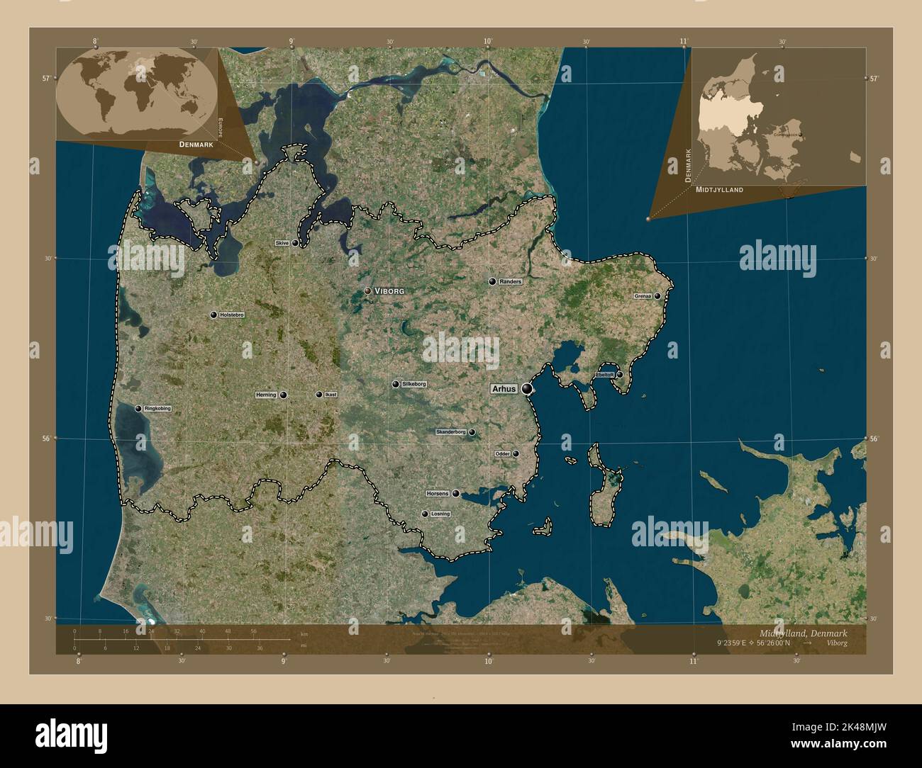Midtjylland, region of Denmark. Low resolution satellite map. Locations and names of major ...