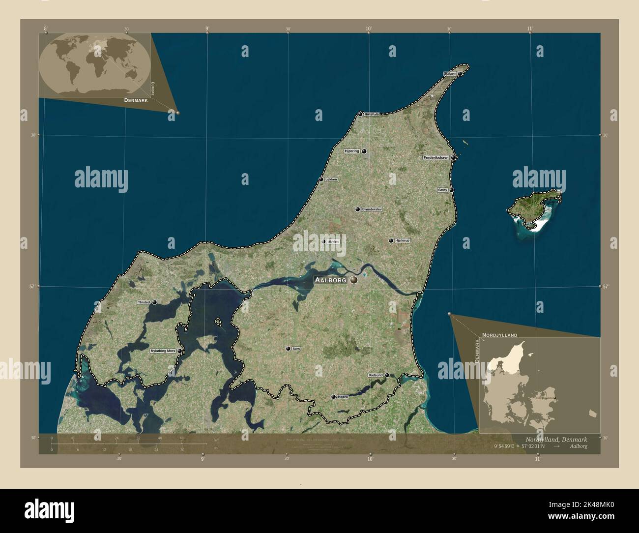 Nordjylland, region of Denmark. High resolution satellite map. Locations and names of major ...