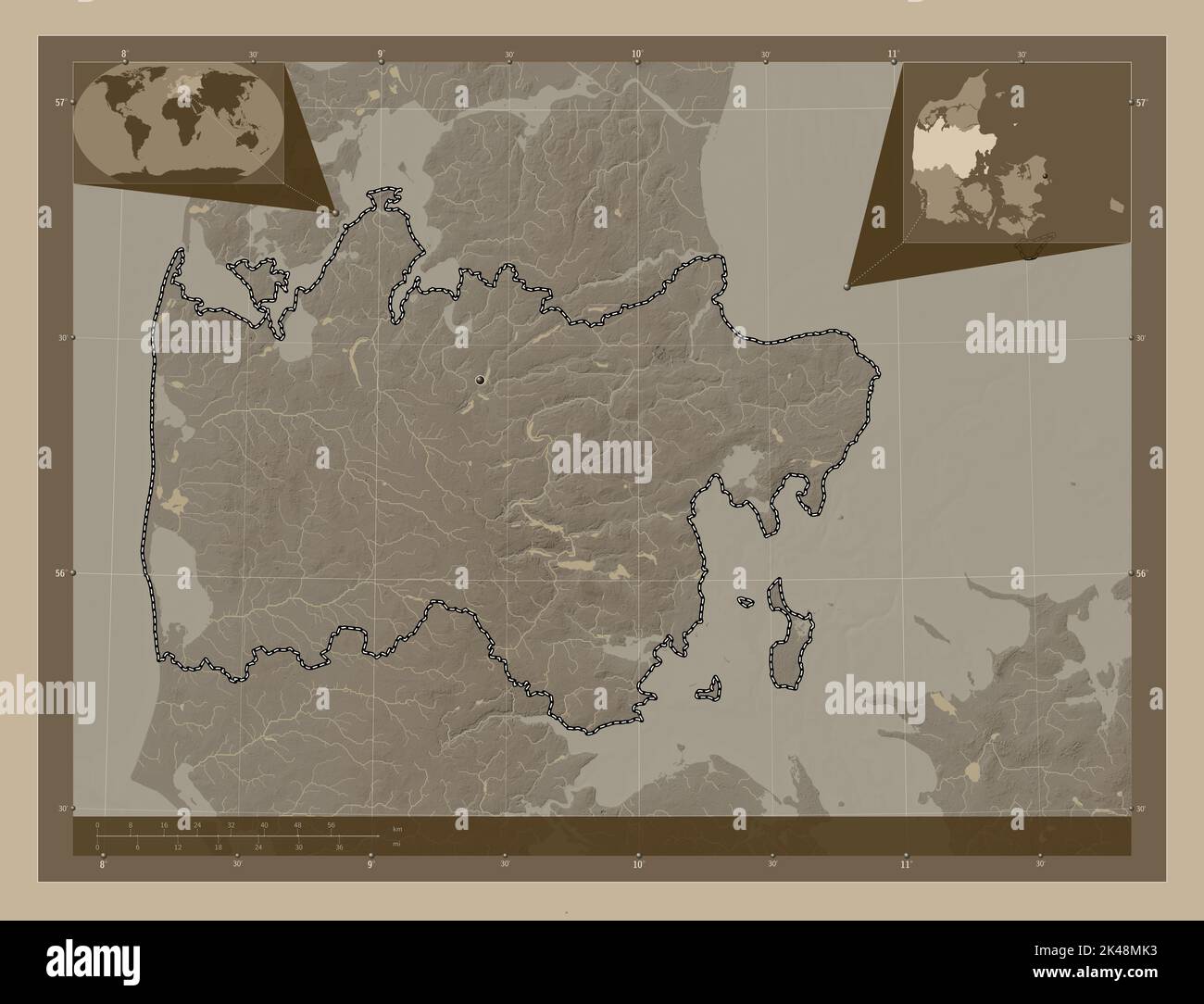 Midtjylland, region of Denmark. Elevation map colored in sepia tones ...