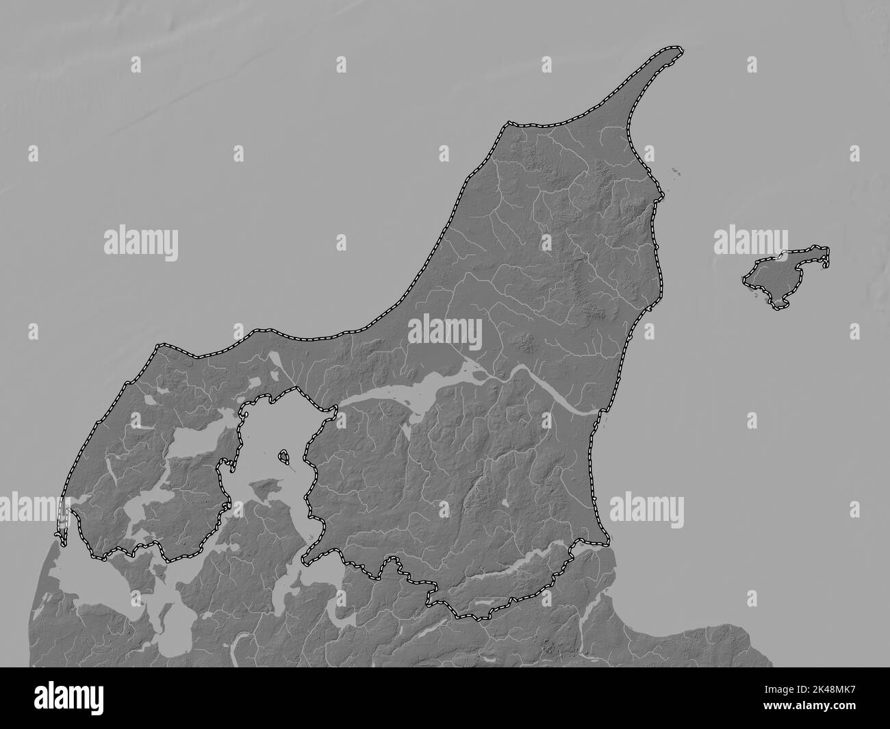 Nordjylland, region of Denmark. Bilevel elevation map with lakes and rivers Stock Photo - Alamy