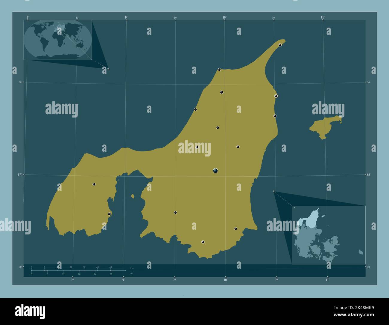 Nordjylland, region of Denmark. Solid color shape. Locations of major cities of the region ...