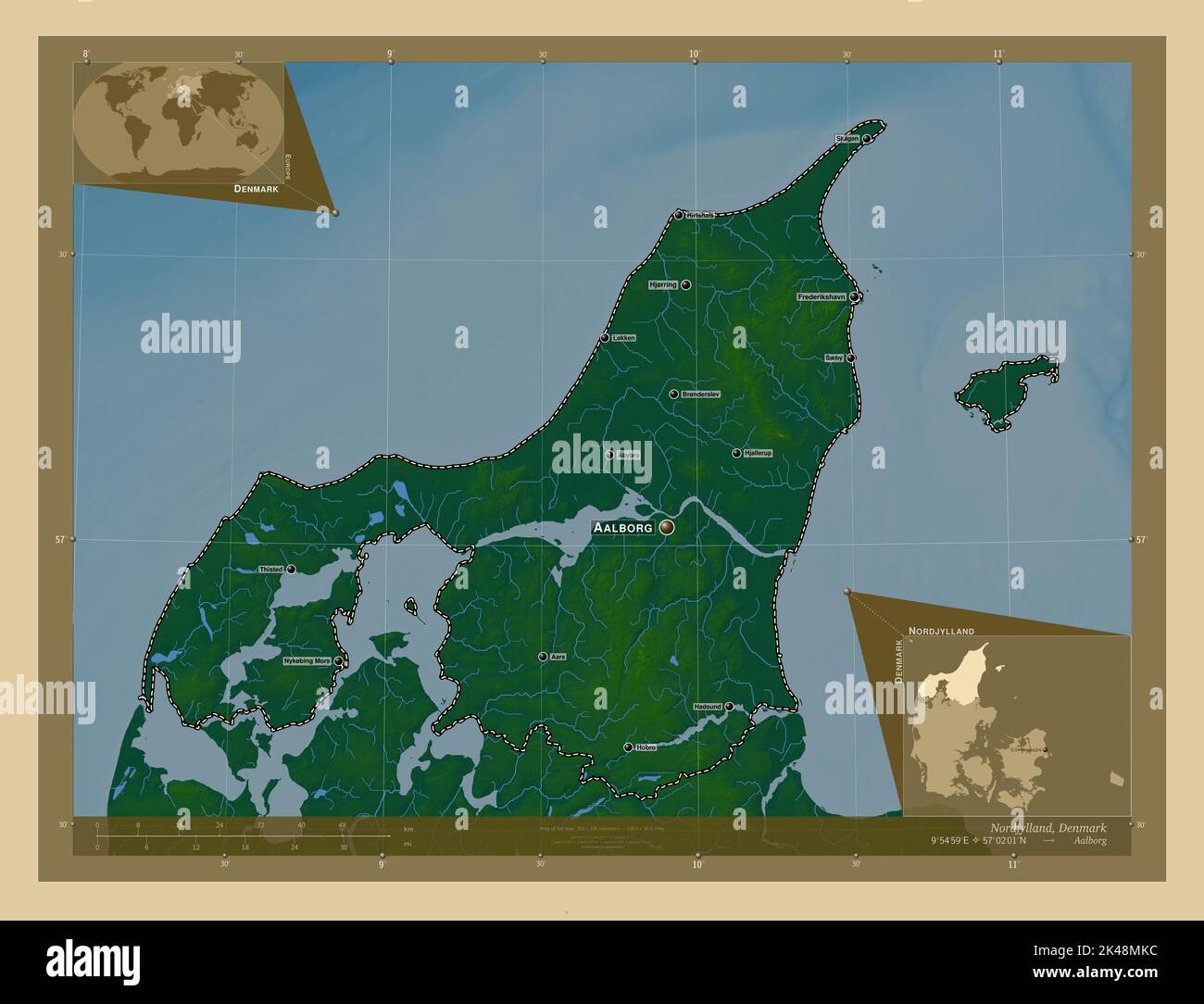 Nordjylland, region of Denmark. Colored elevation map with lakes and rivers. Locations and names ...