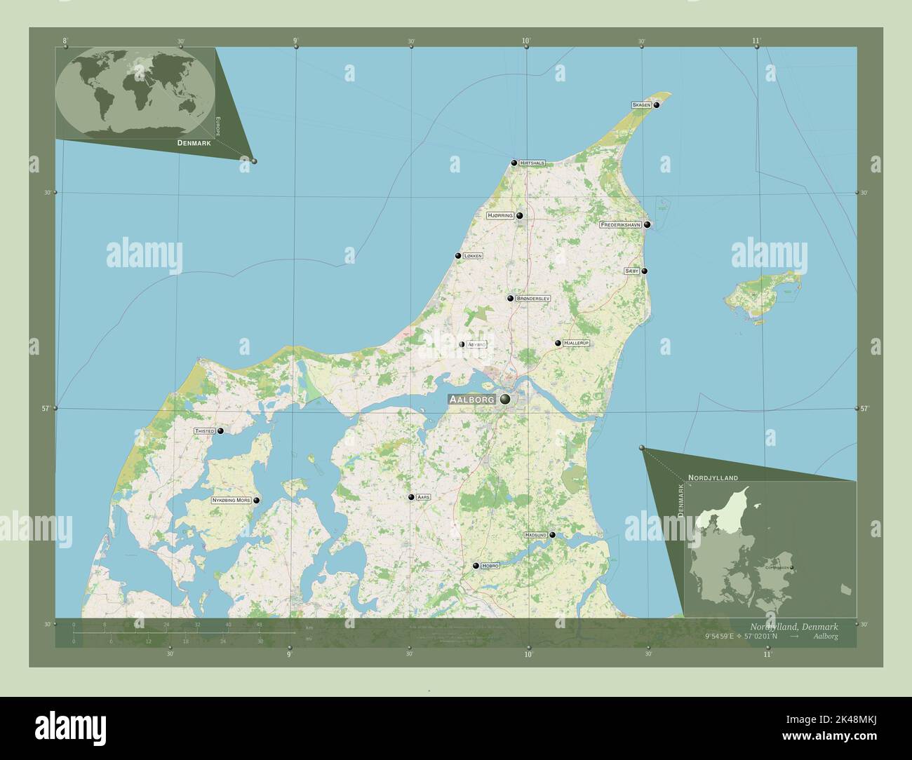 Nordjylland, region of Denmark. Open Street Map. Locations and names of major cities of the ...