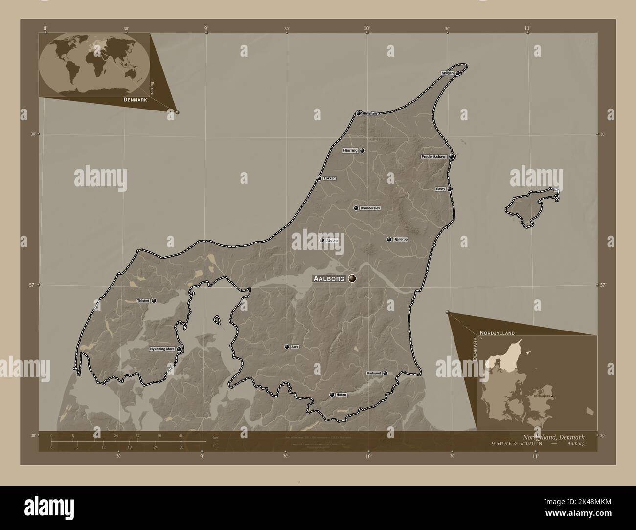 Nordjylland, region of Denmark. Elevation map colored in sepia tones with lakes and rivers ...