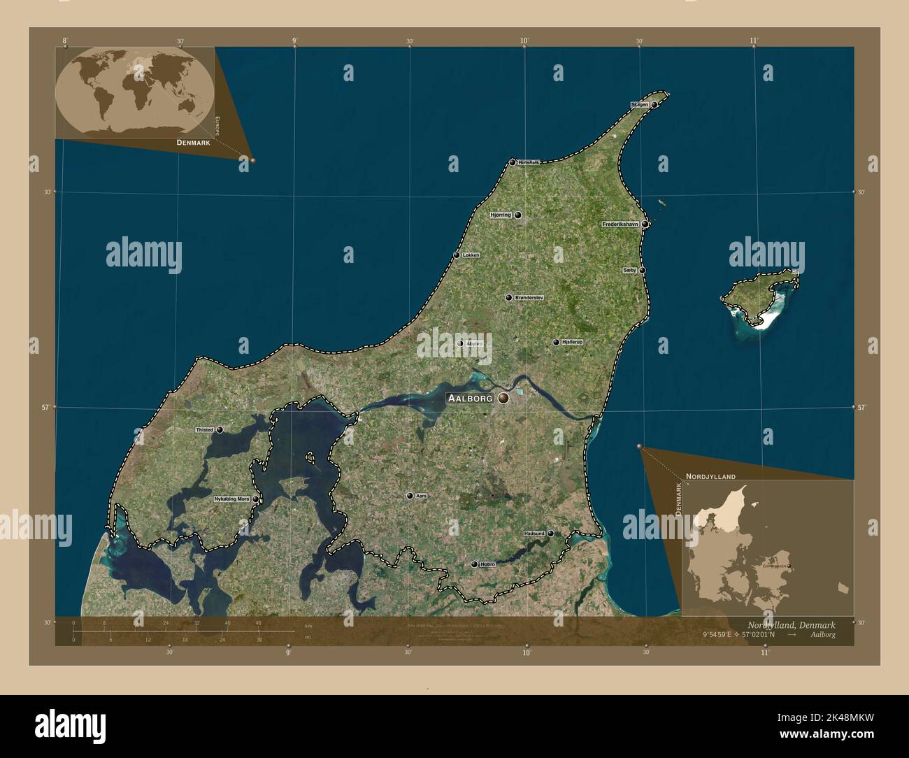 Nordjylland, region of Denmark. Low resolution satellite map. Locations and names of major ...