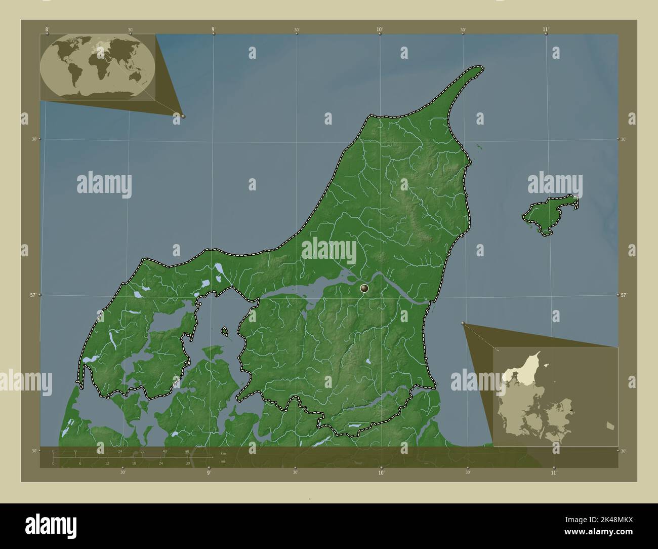 Nordjylland, region of Denmark. Elevation map colored in wiki style with lakes and rivers ...