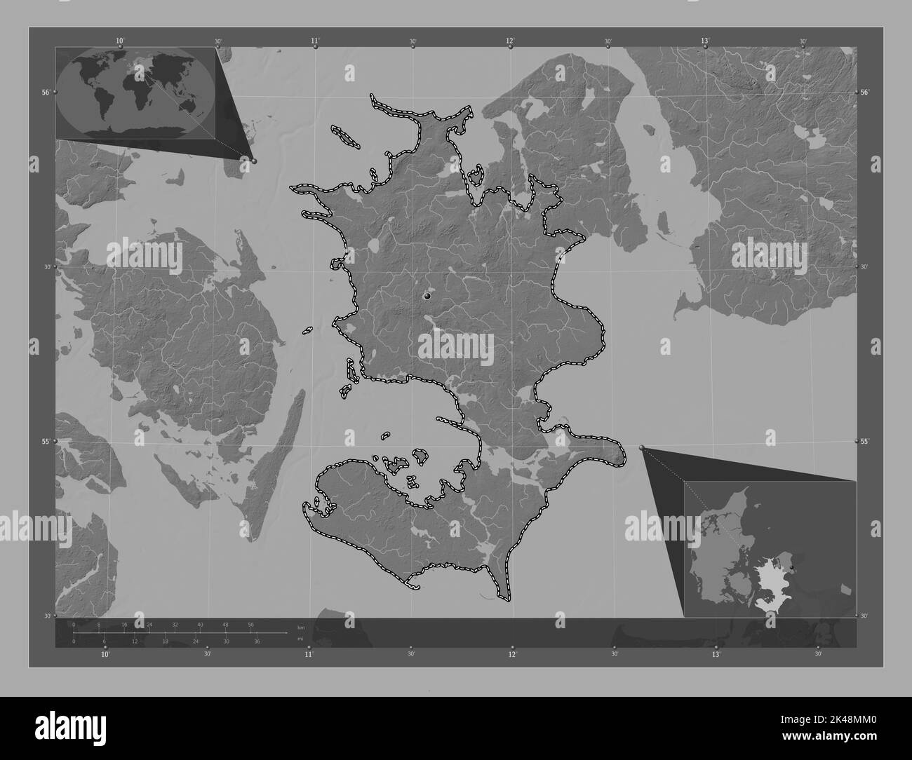 Sjlland, region of Denmark. Bilevel elevation map with lakes and rivers ...