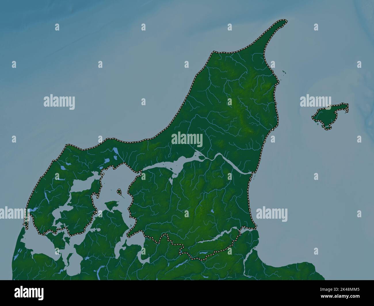 Nordjylland, region of Denmark. Colored elevation map with lakes and rivers Stock Photo - Alamy