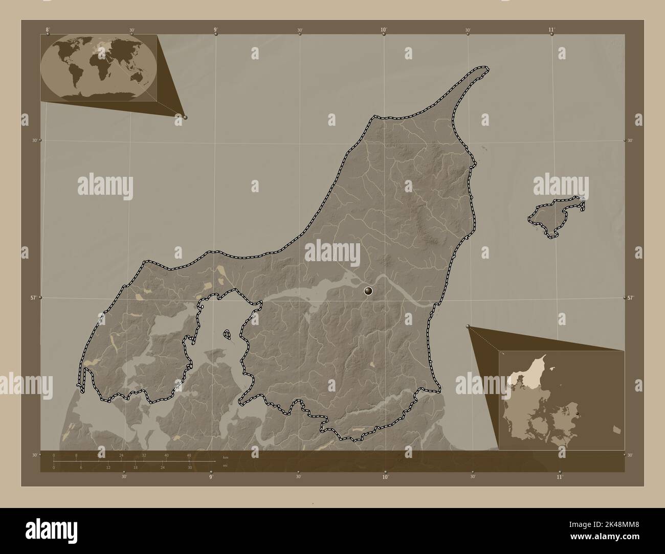 Nordjylland, region of Denmark. Elevation map colored in sepia tones with lakes and rivers ...