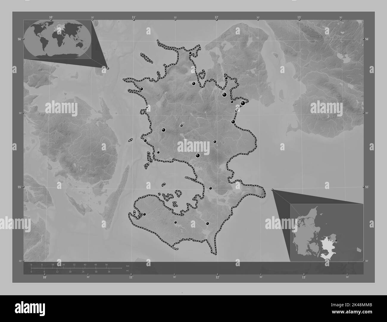 Sjlland, region of Denmark. Grayscale elevation map with lakes and rivers. Locations of major ...