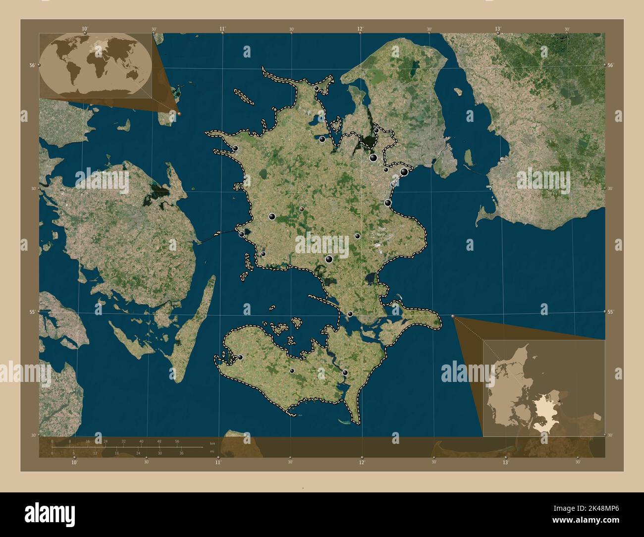Sjlland, region of Denmark. Low resolution satellite map. Locations of major cities of the ...
