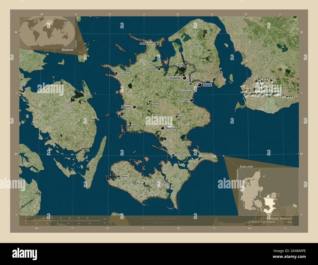 Sjlland, region of Denmark. High resolution satellite map. Locations and names of major cities ...